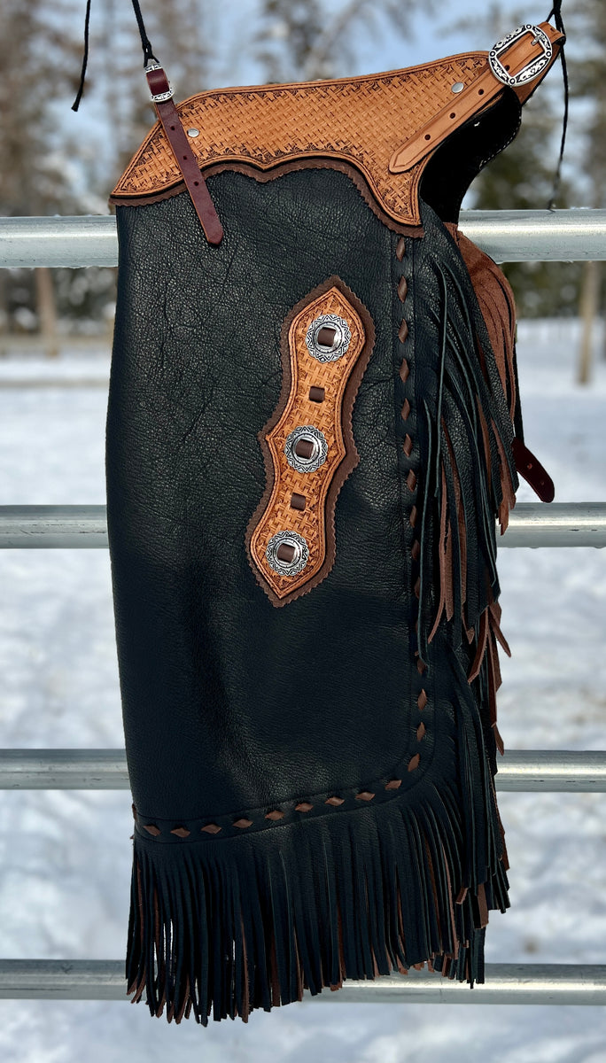 Custom Leather Chinks in Black with Chestnut – Mountain Top Saddlery